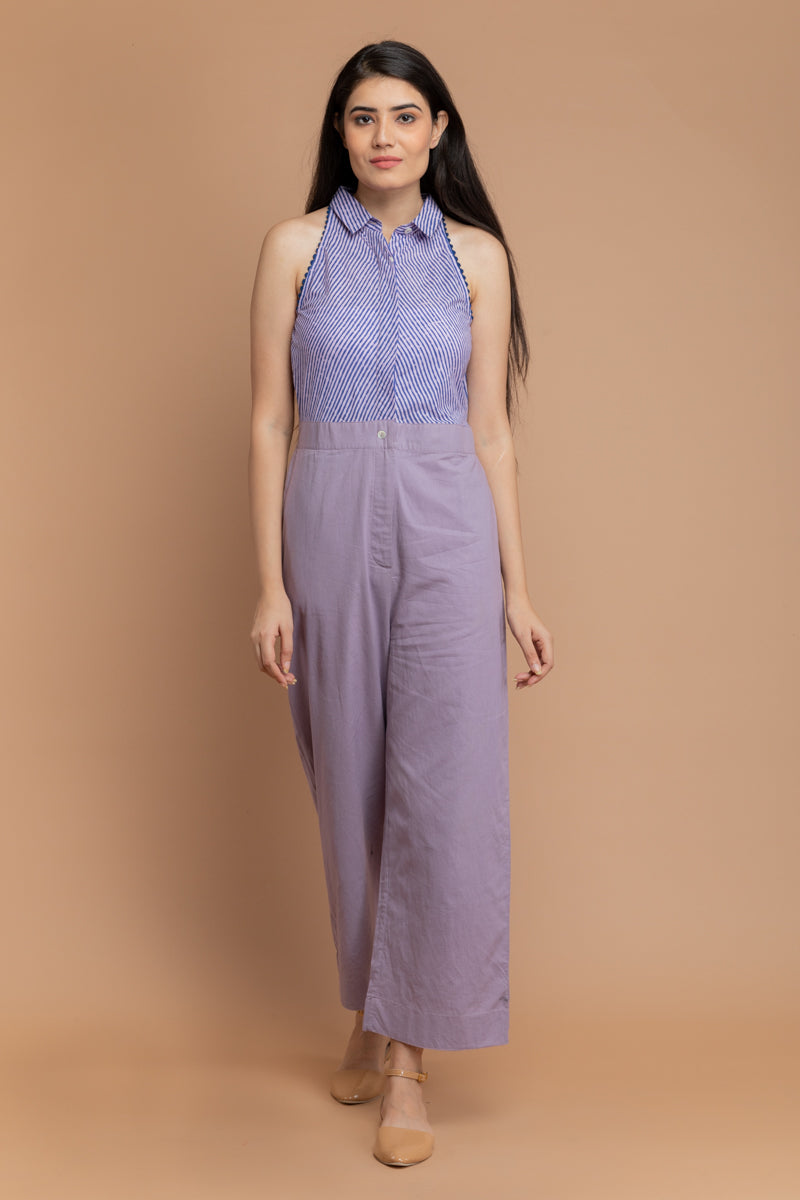 Shop Halter Neck Jumpsuit in Lilac Blue Hand Block Printed Cotton | Vinusto