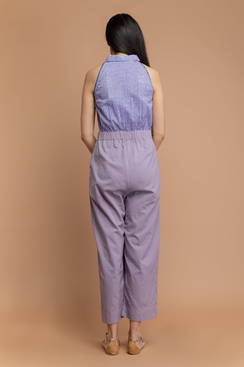 Shop Halter Neck Jumpsuit in Lilac Blue Hand Block Printed Cotton | Vinusto